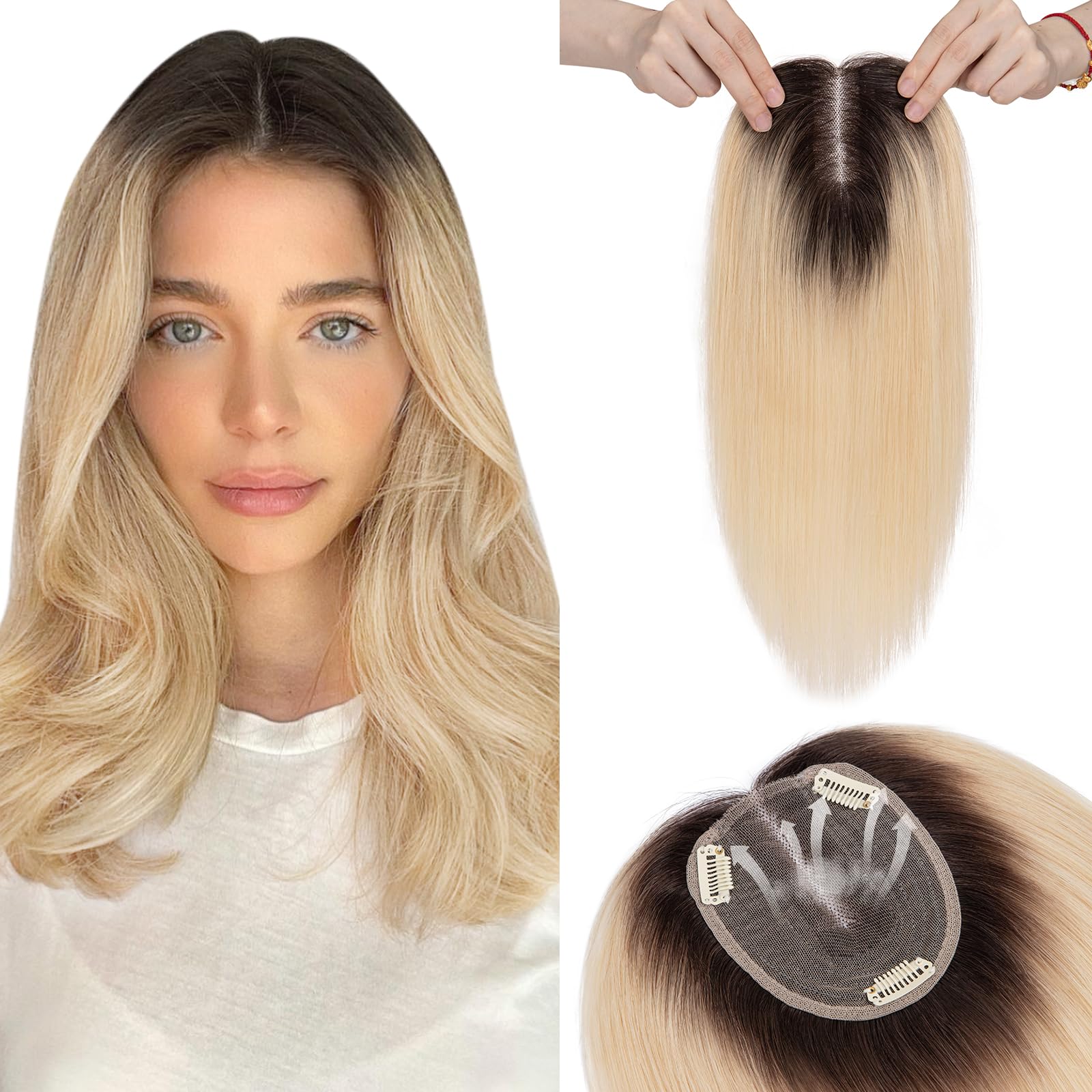 Hairro 100% Human Hair Topper without Bangs Middle Part/Side Part, Real ...