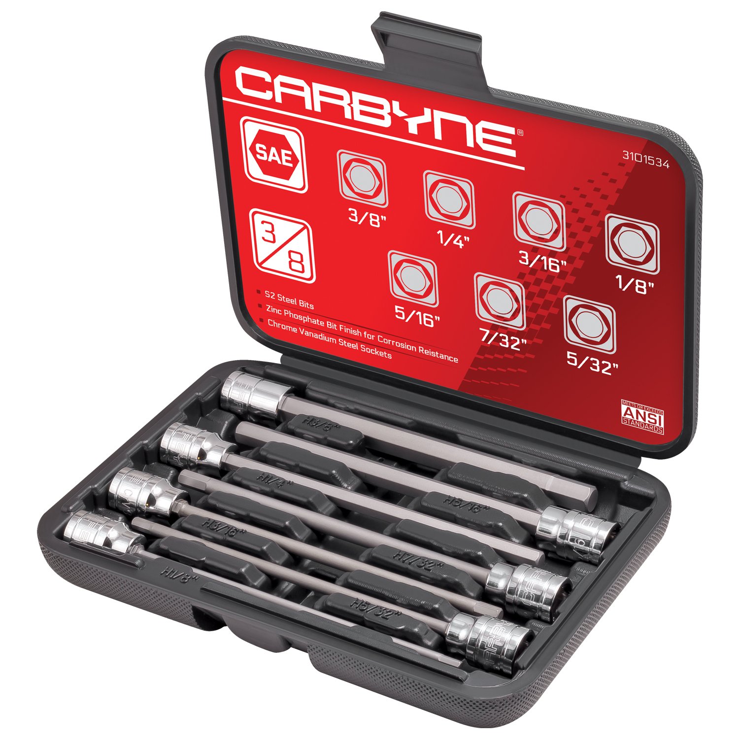 CARBYNE SAE Extra Long Hex (Allen) Bit Socket Set - 7 Pieces, (1/8 inch ...