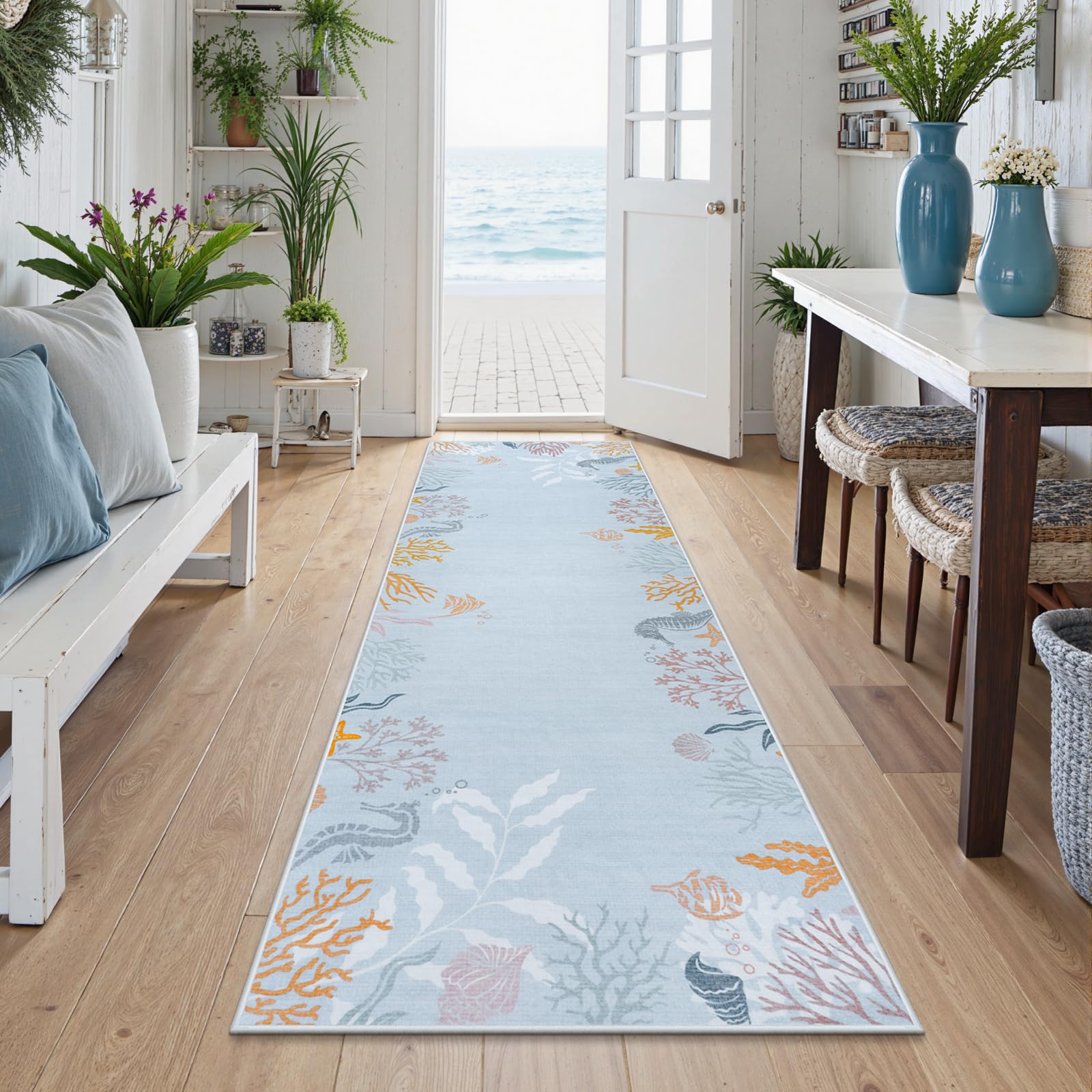 Seavish Coastal Blue Bathroom Runner Rug, 2x6 Beach Themed Carpet ...