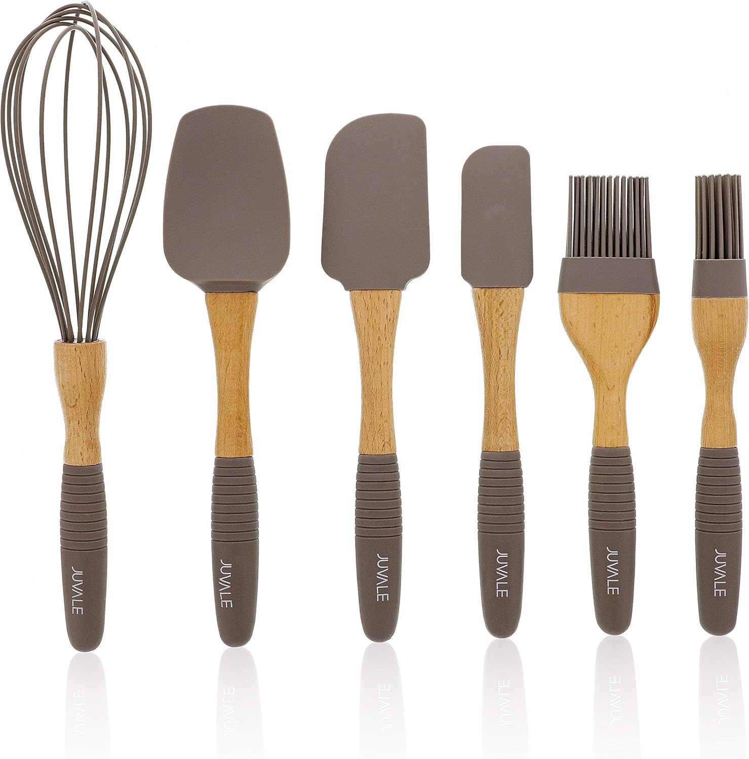 Juvale Lot de 6 ustensiles de cuisine en silicone avec poignées en bois de hêtre avec spatules ...