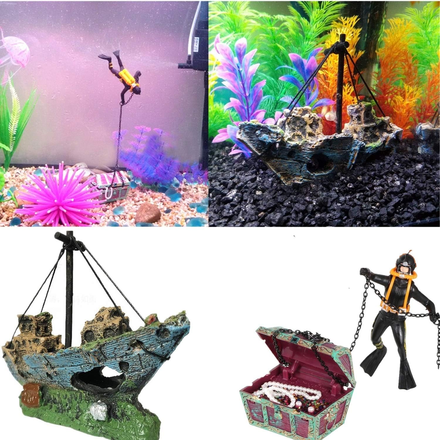 Aquarium Ornaments Resin Fishing Boat + Undersea Treasure Chest Diver ...