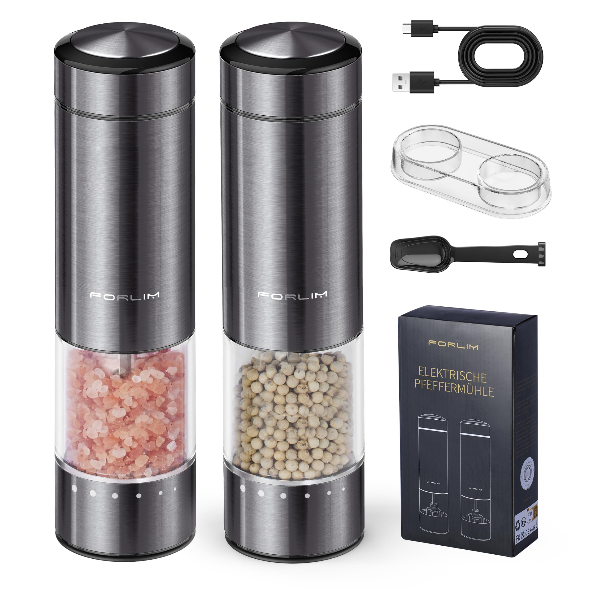 FORLIM Rechargeable Electric Salt and Pepper Grinder Set - Automatic ...