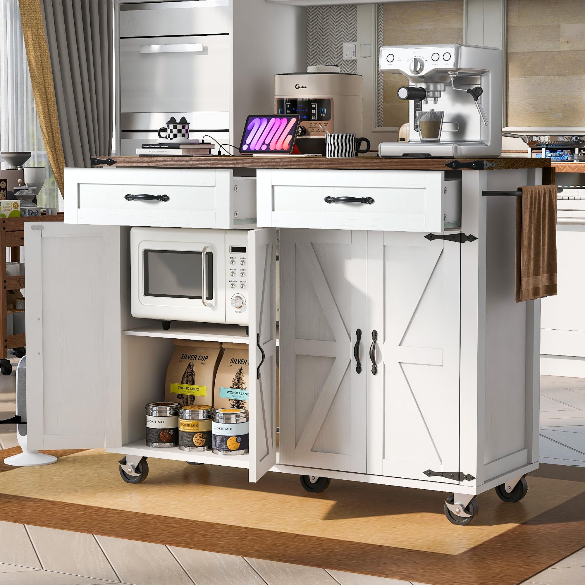 Jintop 53.5''Farmhouse Kitchen Island with Power Outlet,Storage Cart W ...