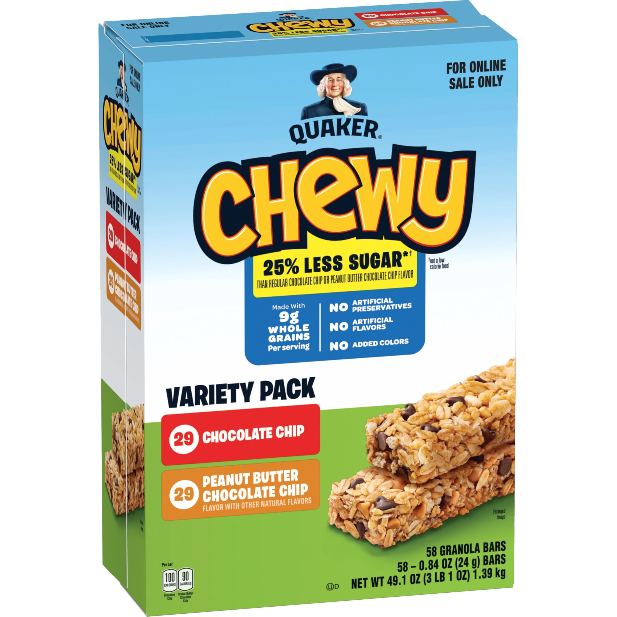 Quaker Chewy Granola Bars, 25% Less Sugar, 2 Flavor Variety Pack, (58 ...
