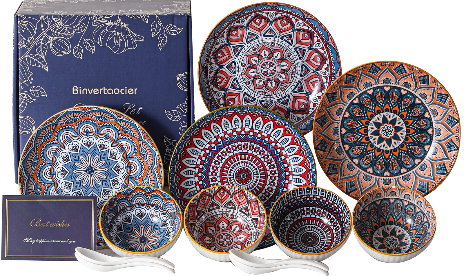 Binvertaocier Bohemia Ceramic Plates and Bowls Sets for 4 with Spoons ...