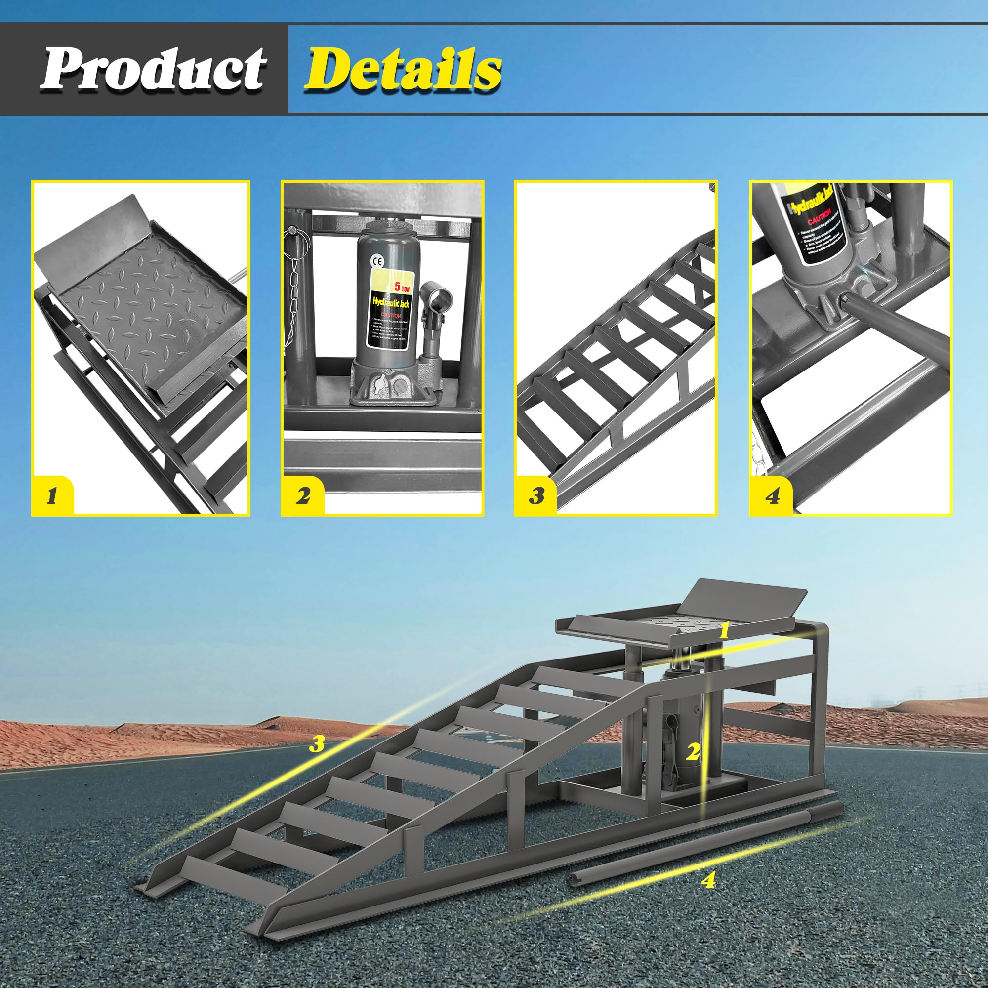 Hydraulic Car Ramps 5T 11000lbs, 2 Pack Heavy Duty Steel Car Ramps Lift ...