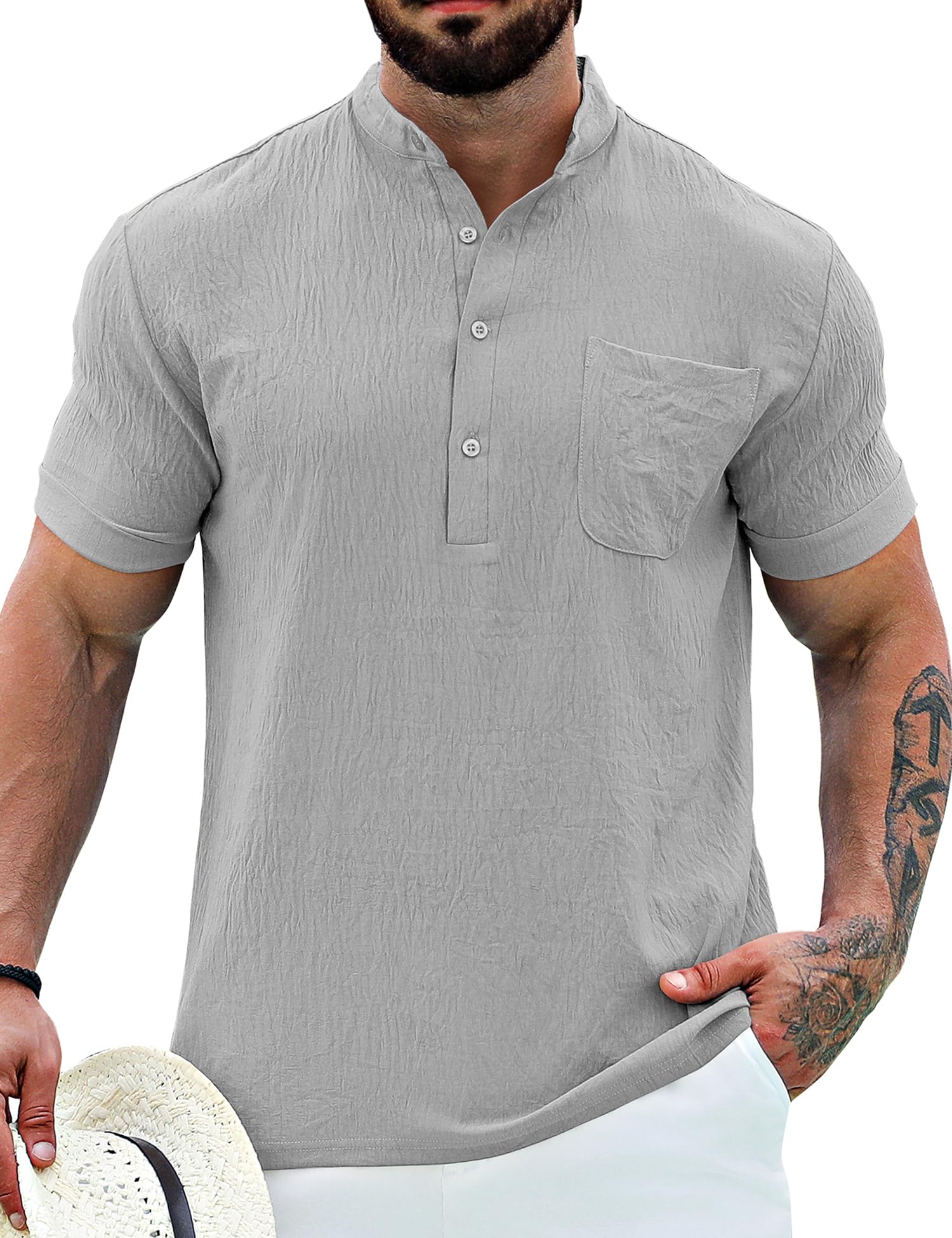 URRU Men's Casual Henley Shirt Band Collar Short Sleeve Shirt Summer Beach Hippie Shirt Grey L ...