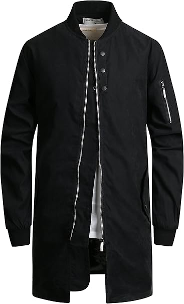 HARRISON83 Mens Long Bomber Jacket with Ribbed Collar Trim/SM1007-BLACK ...