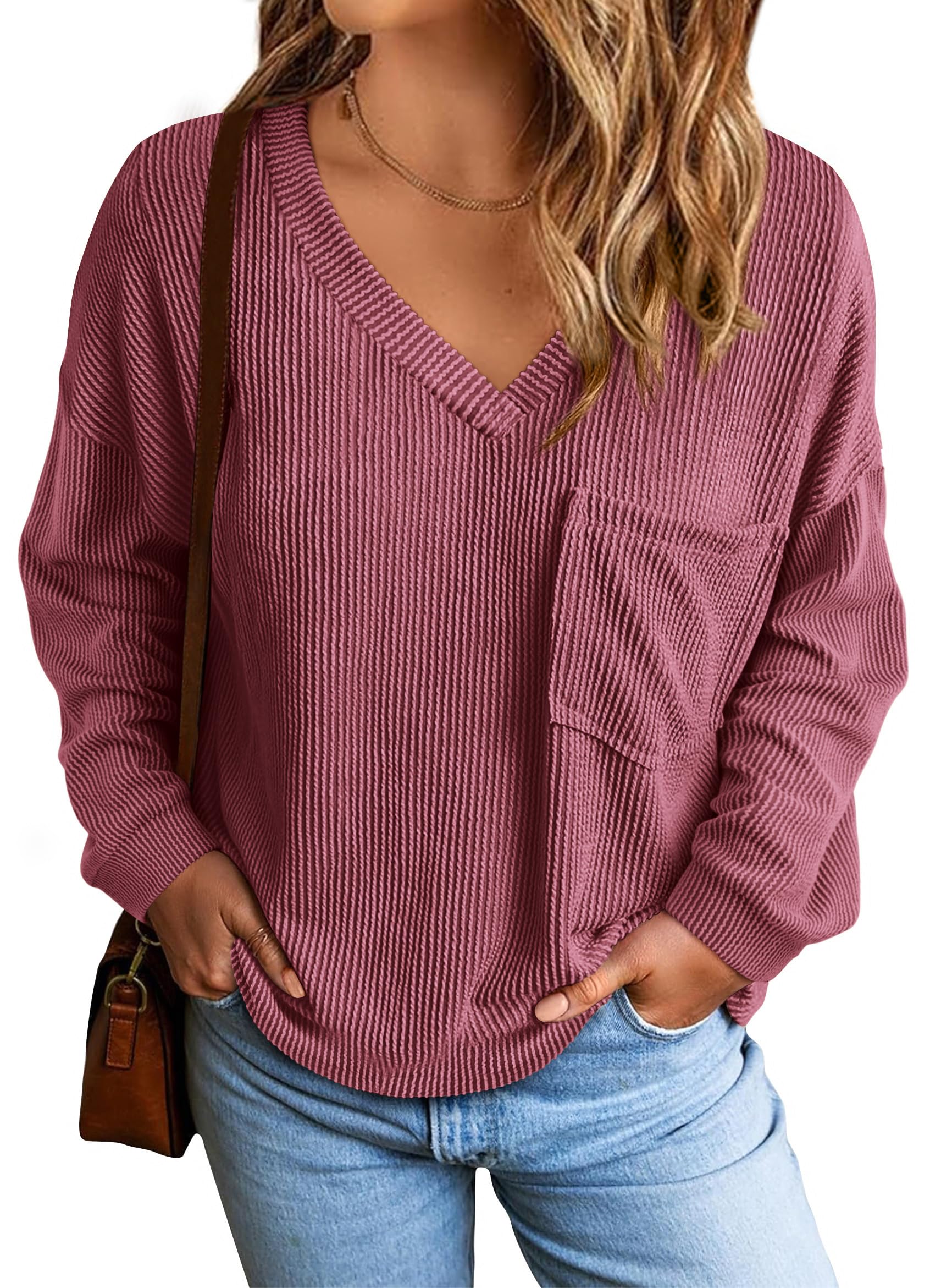 KIRUNDO Womens Tops 2024 Fall Ribbed Knit V Neck Long Sleeve Shirts ...