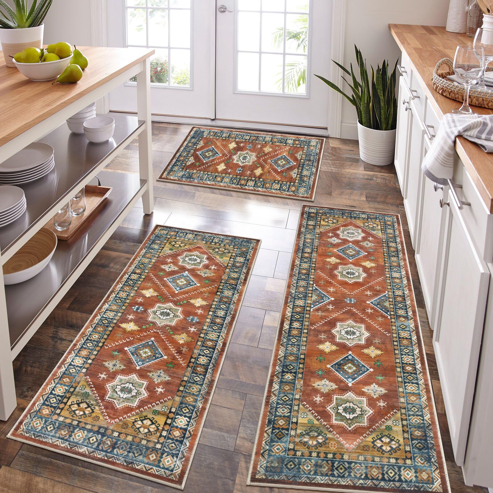 HEBE Boho Kitchen Rug Sets 3 Piece with Runner Non Slip Kitchen Rugs ...