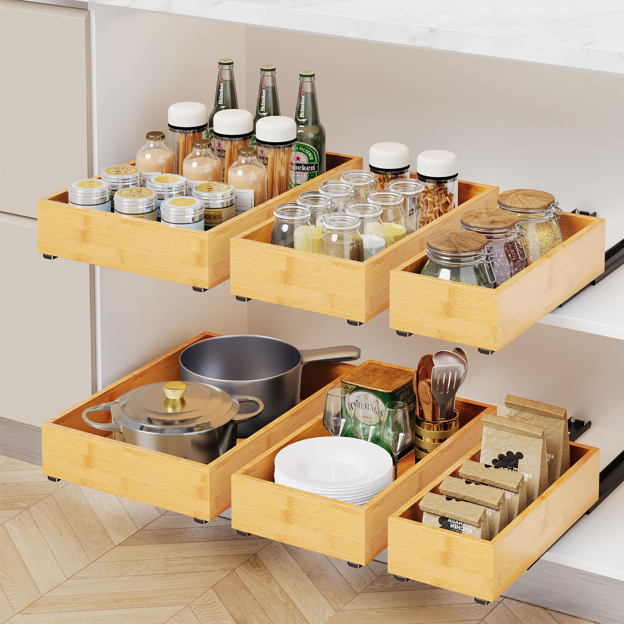 RESENSTORE 3 Pack Bamboo Pull Out Cabinet Organizer,Slide Out Drawers ...