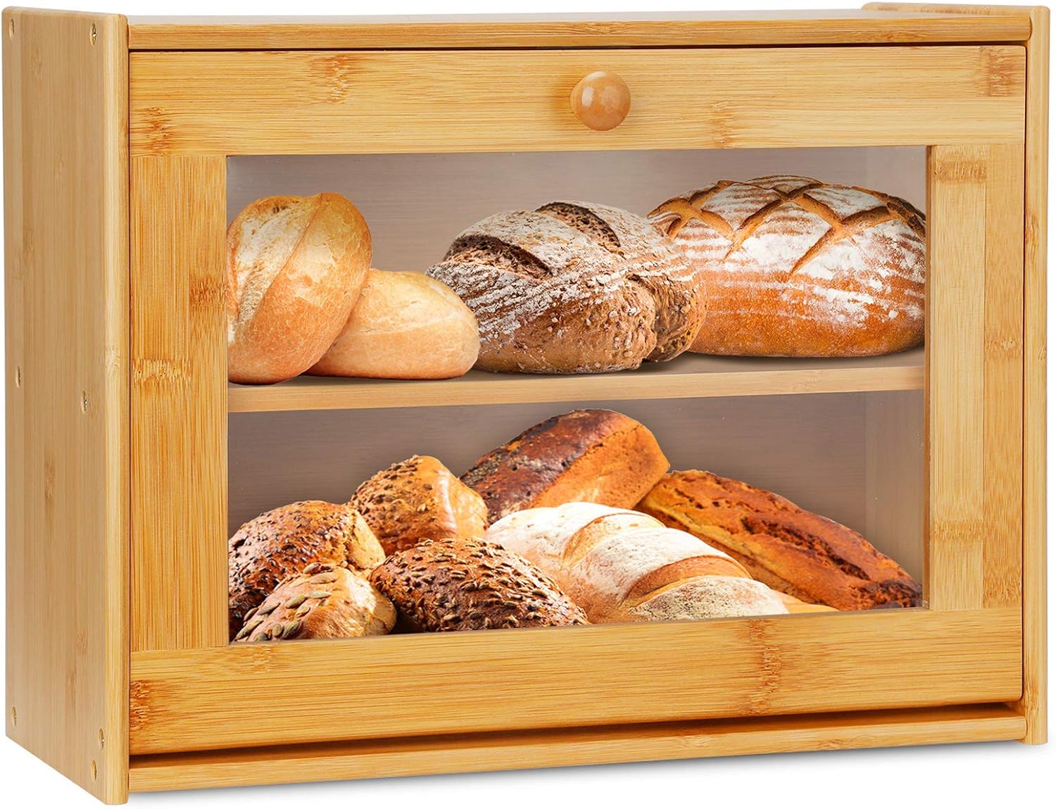 Bread Bin, Double Layer Bamboo Bread Storage Bin Crate Kitchen ...