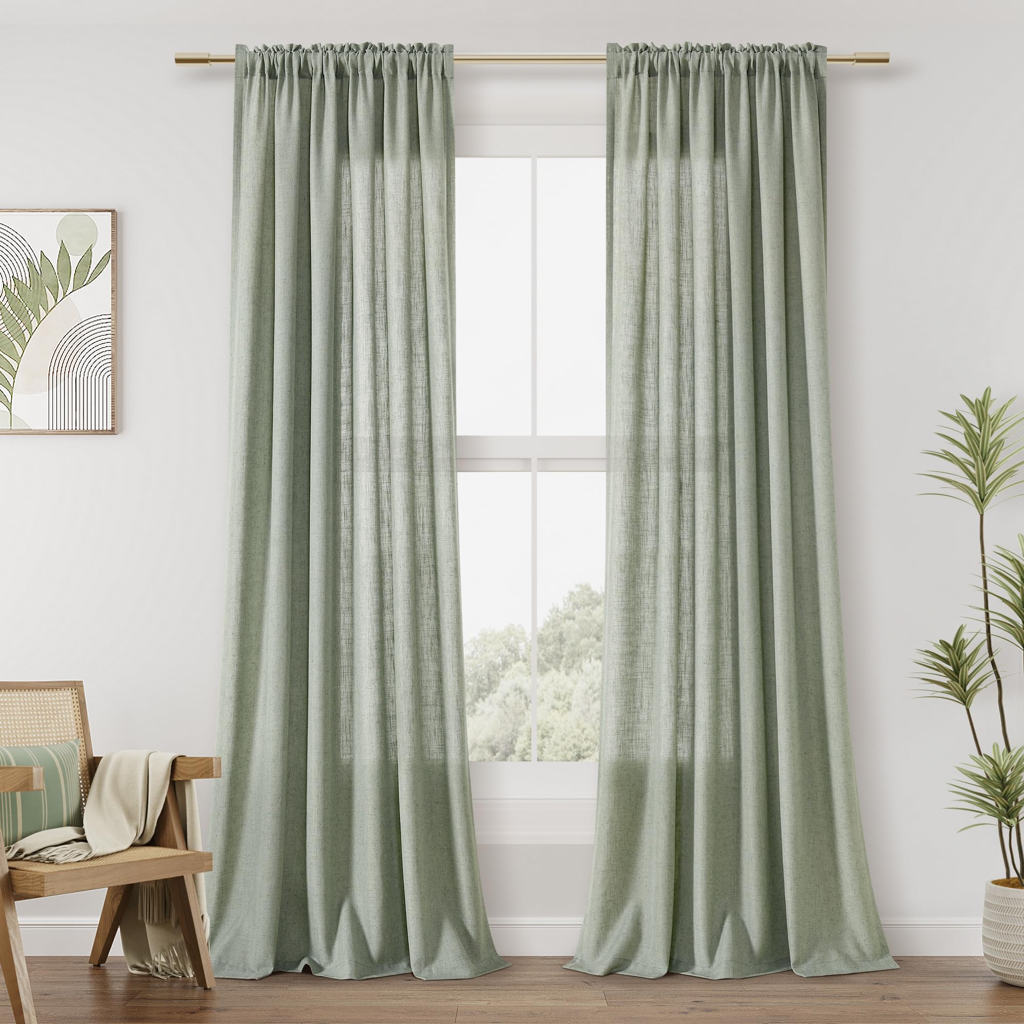 Guken Sage Green Linen Curtains 90 Inch Length for Living Room Bedroom 2 Panels Set Rod Pocket ...