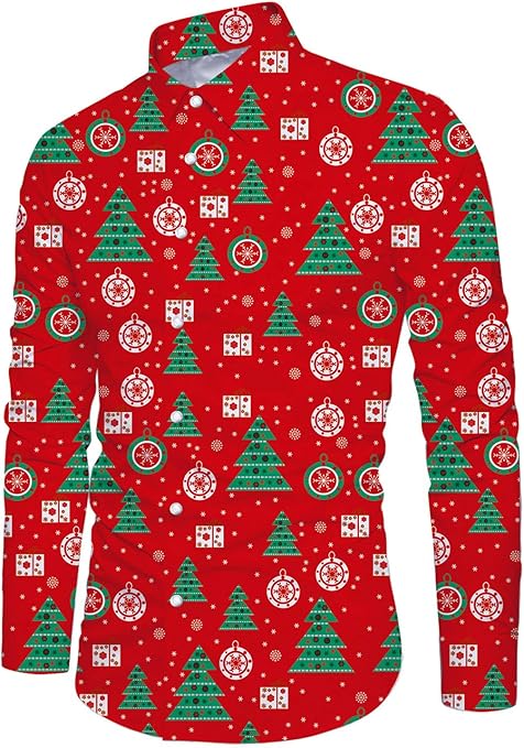 uideazone Men's Christmas Tree Printed Shirts Casual Long Sleeve Button ...