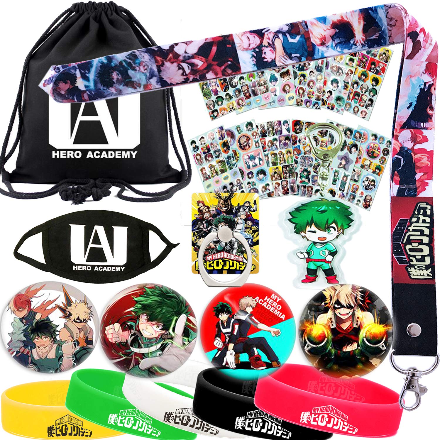 12 Sheet Stickers 1 MHA Drawstring Bag Backpak 5 Bracelets black 1 ...