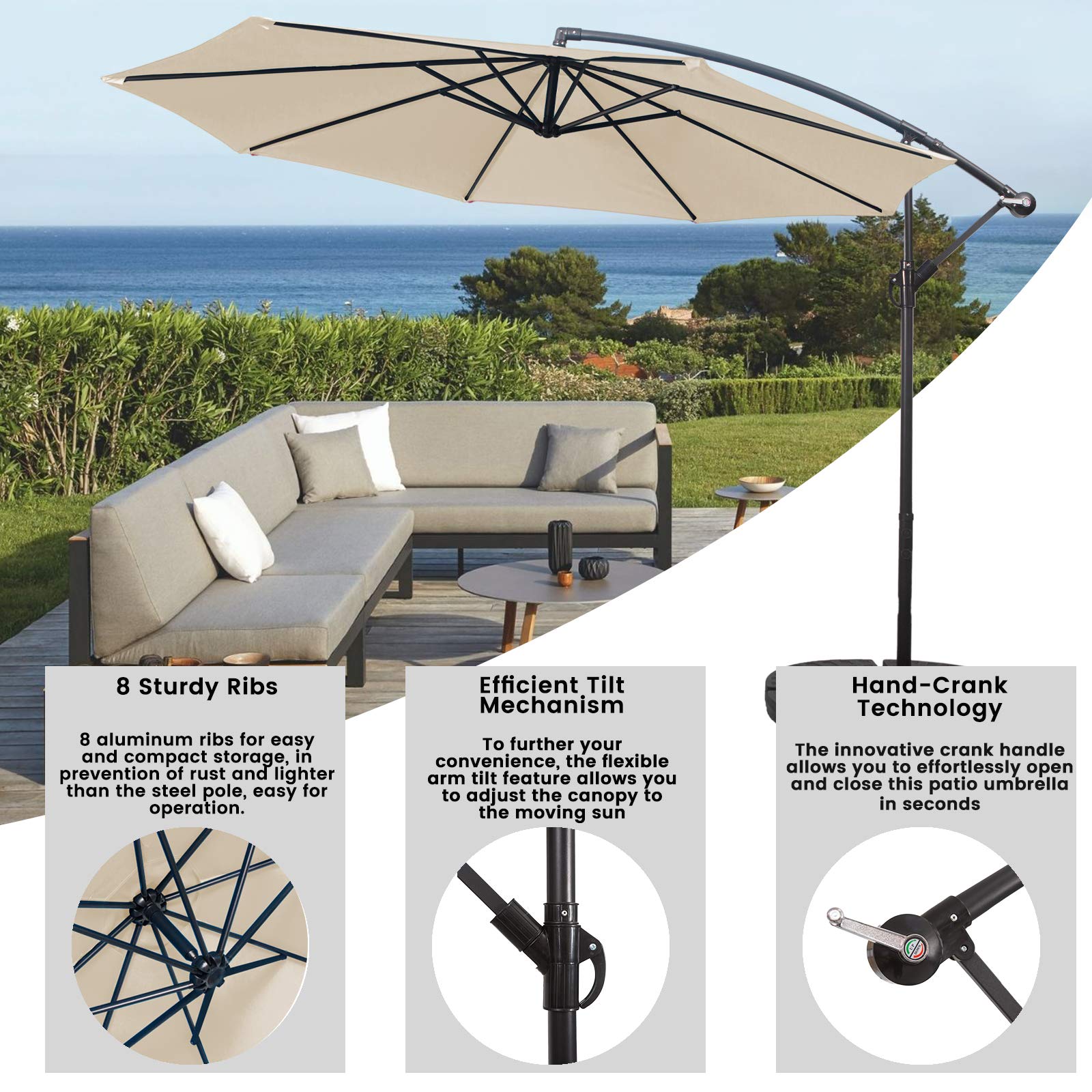 SUNLAX Outdoor Patio Umbrella, 10ft Beige Offset Umbrella Cantilever ...
