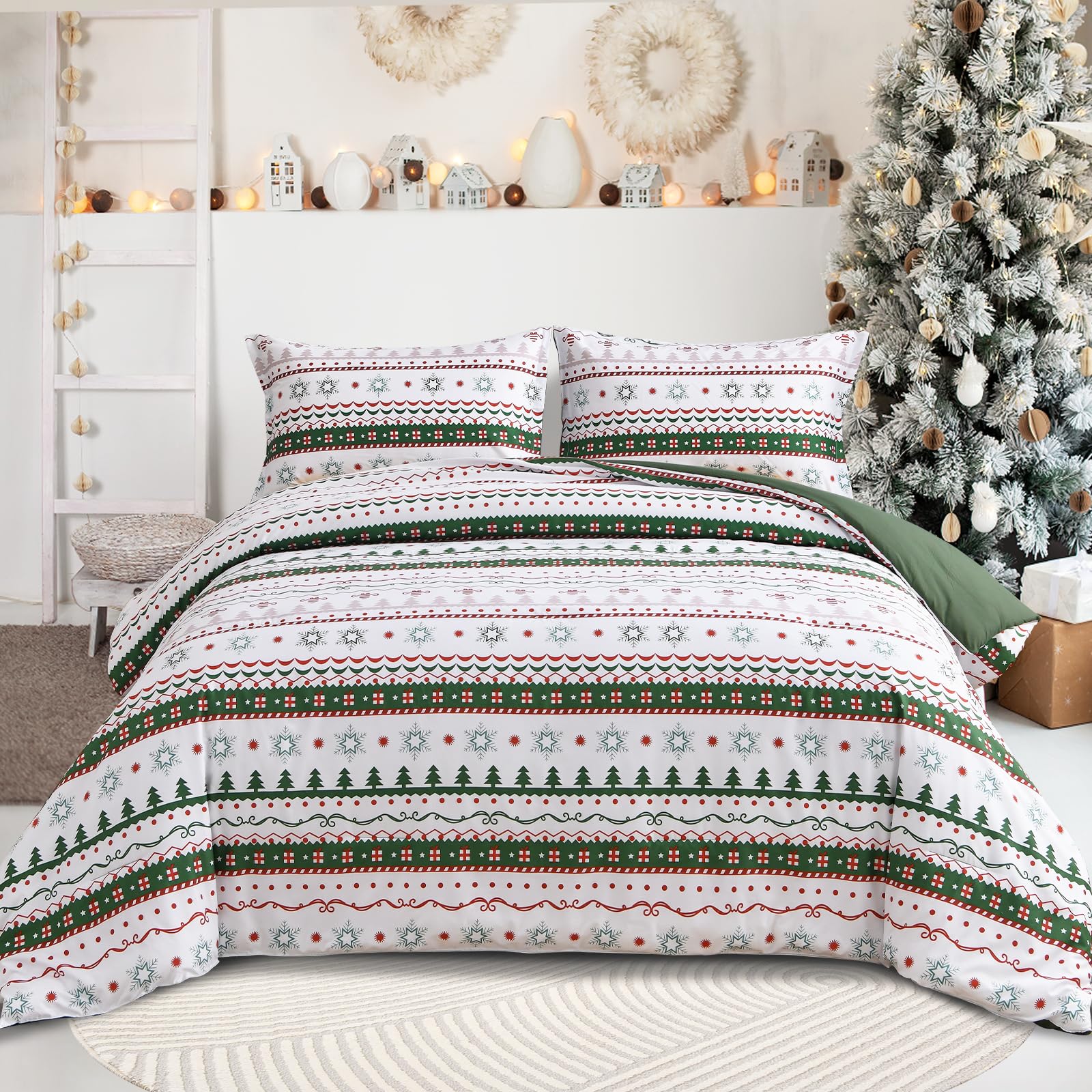 Dinjoy Christmas Comforter Set Queen Size, Green White Snowflake ...