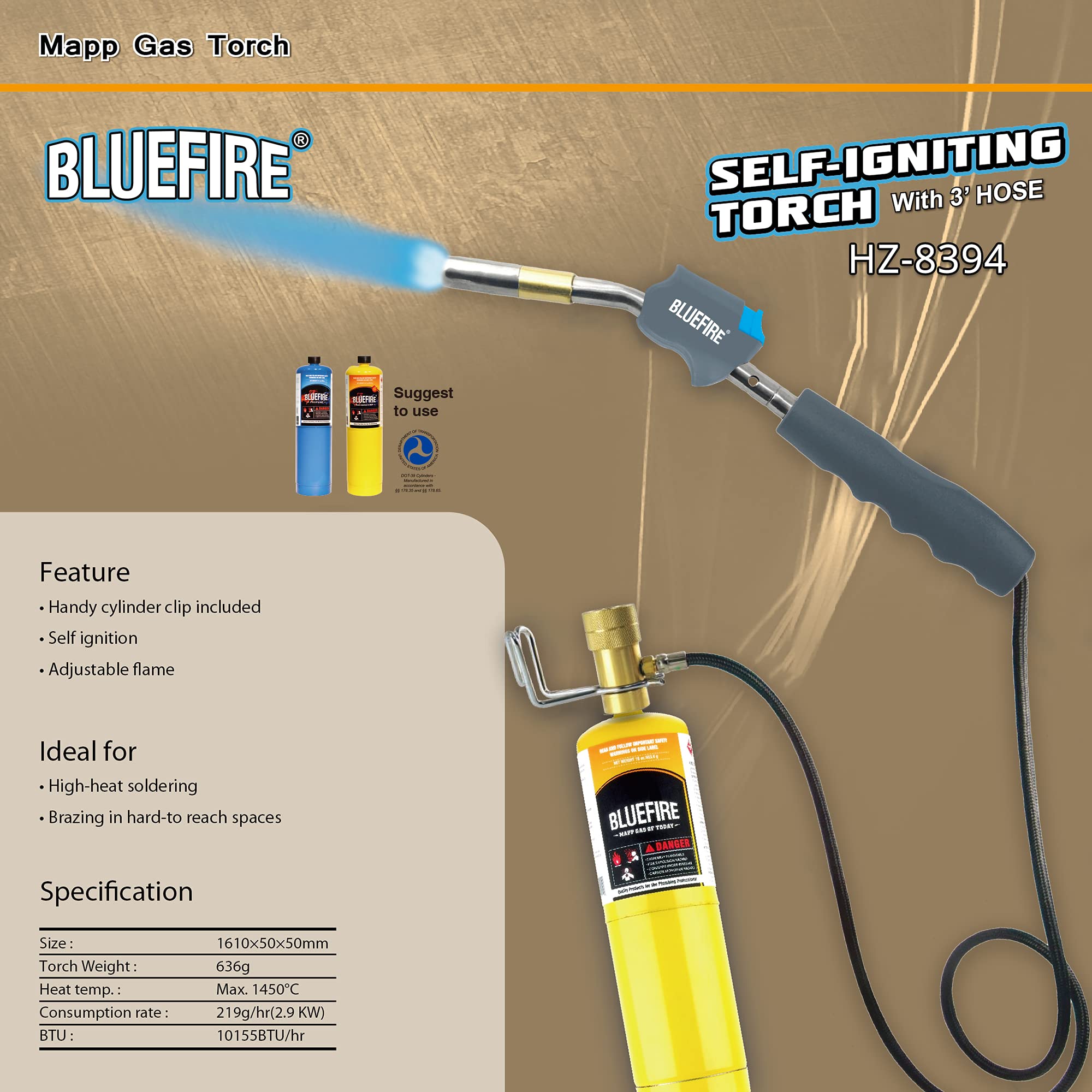 BLUEFIRE HZ-8394 Antorcha de soldadura de gas con manguera de 3 ...