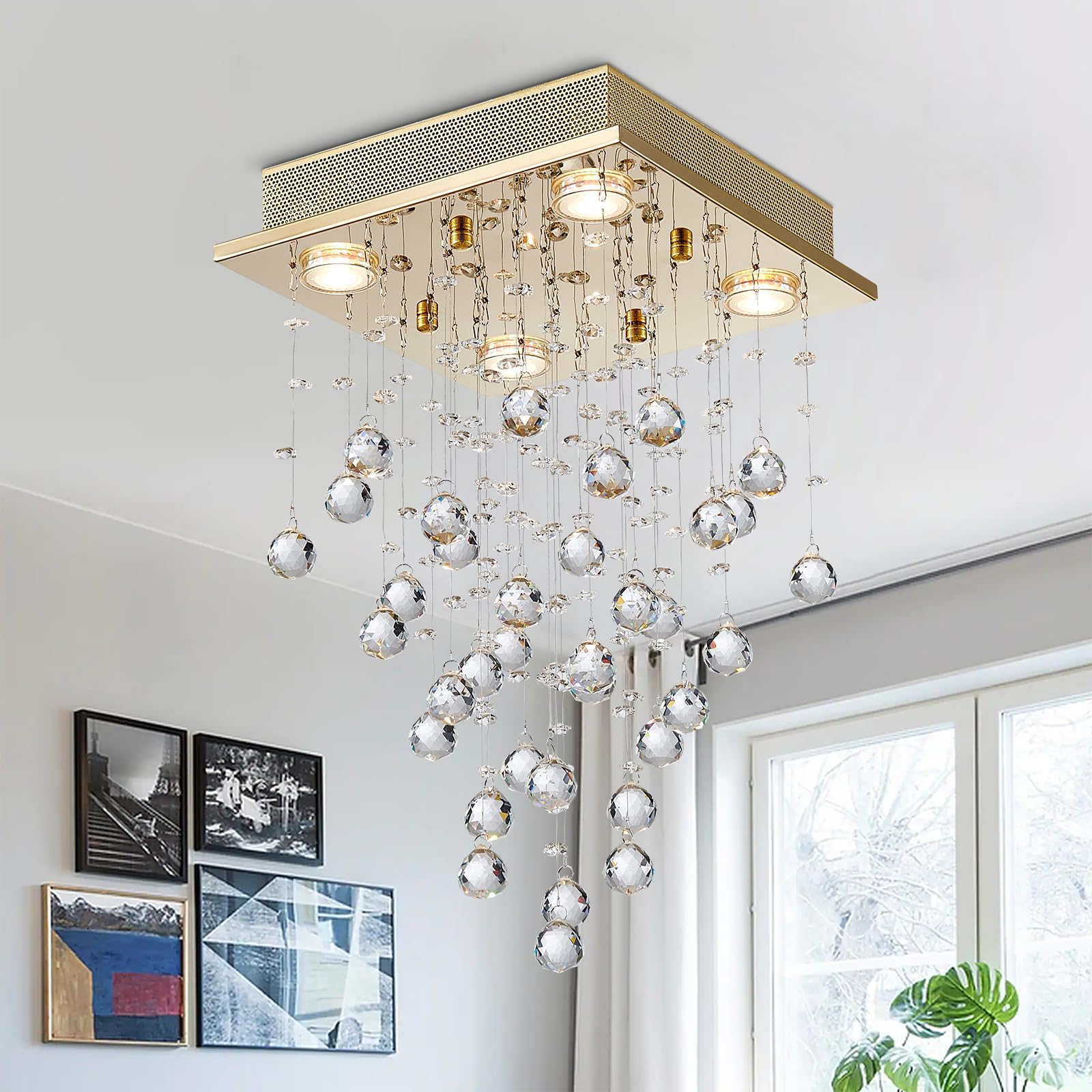 Bestier Gold Modern Crystal Square Raindrop Chandelier Lighting Flush ...
