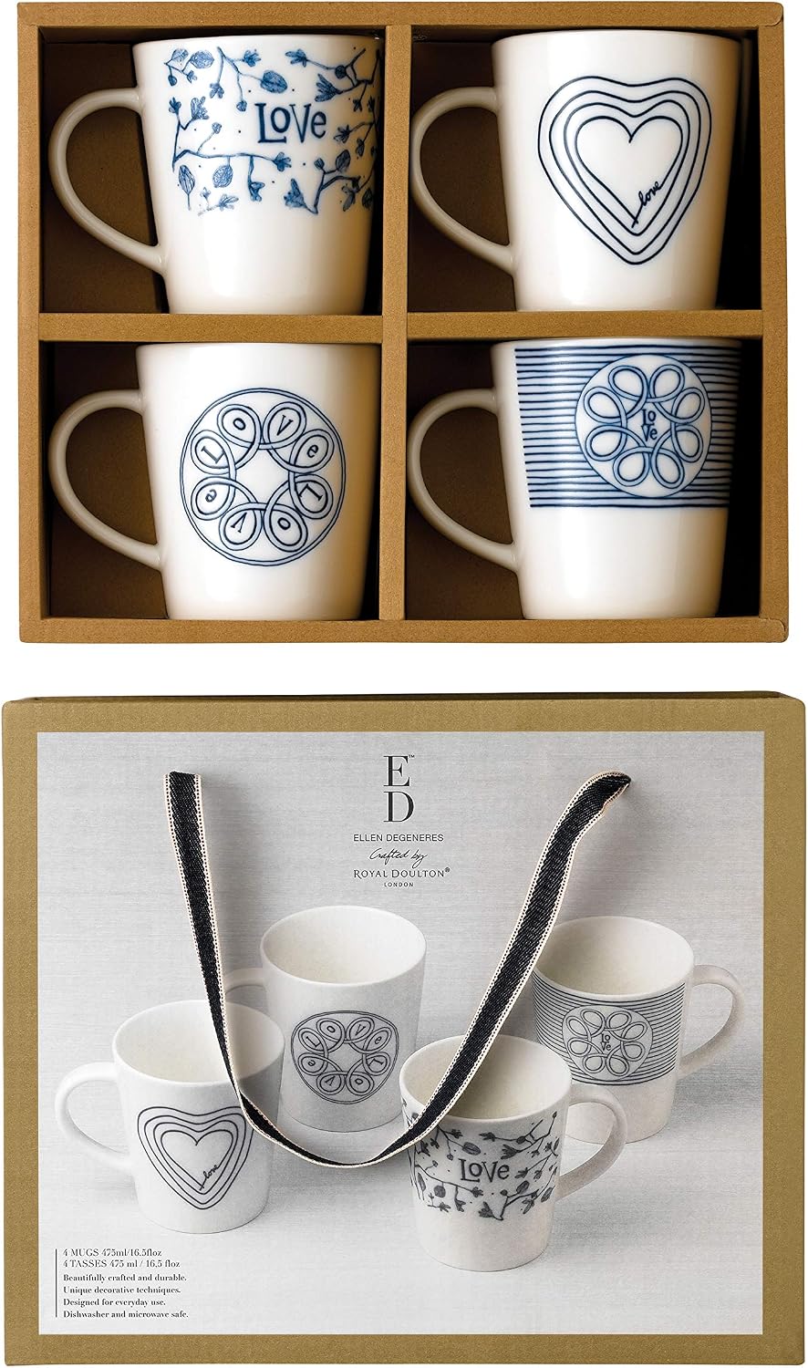 Royal Doulton Ellen Degeneres Love Mug 475ml Set of 4, Porcelain, Blue ...