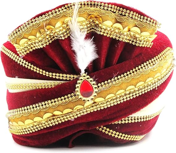 NFA Nathulal Fatehpuria Maroon and Golden Velvet Pagdi with Laces for ...