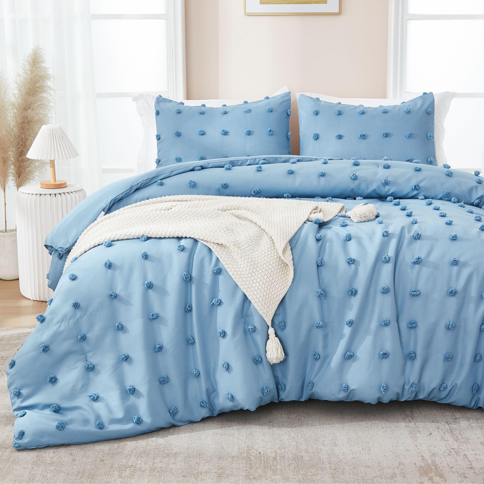 Paxrac Soothing Grayish Blue Comforter Set King, 3 Pieces Tufted Light ...
