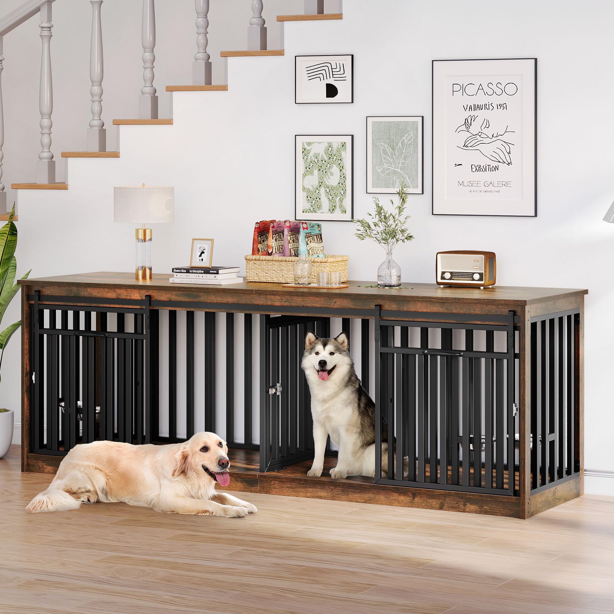 DWVO 86.6" Double Dog Crate Furniture for 2 Large Dogs, Heavy Duty ...