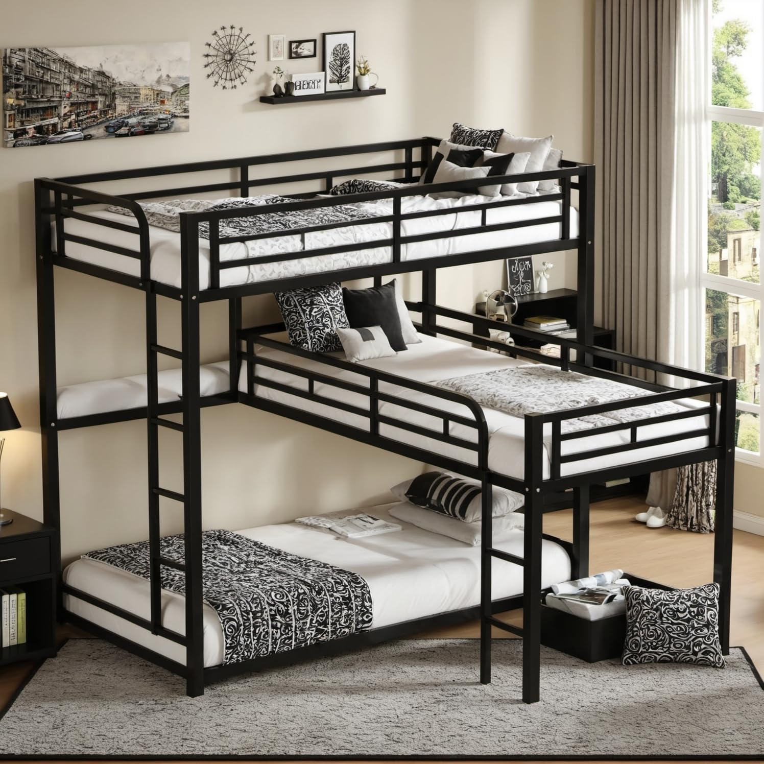 UOCFYK L-Shaped Triple Bunk Bed with Built-in Ladder for 3 Kids & Teens ...