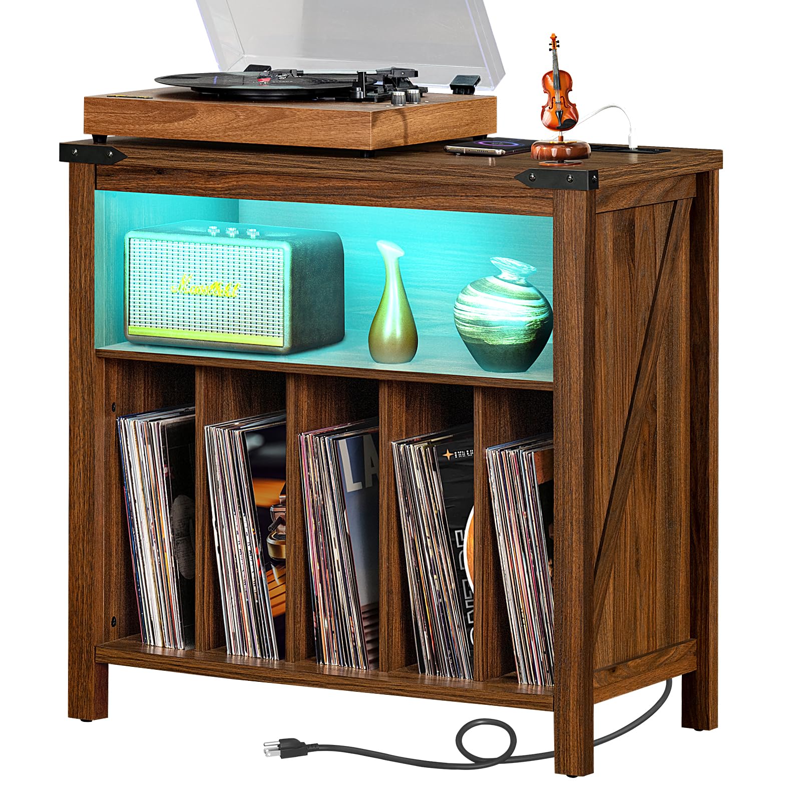 Joaxswe Large Record Player Stand with Charging Station & LED Lights ...