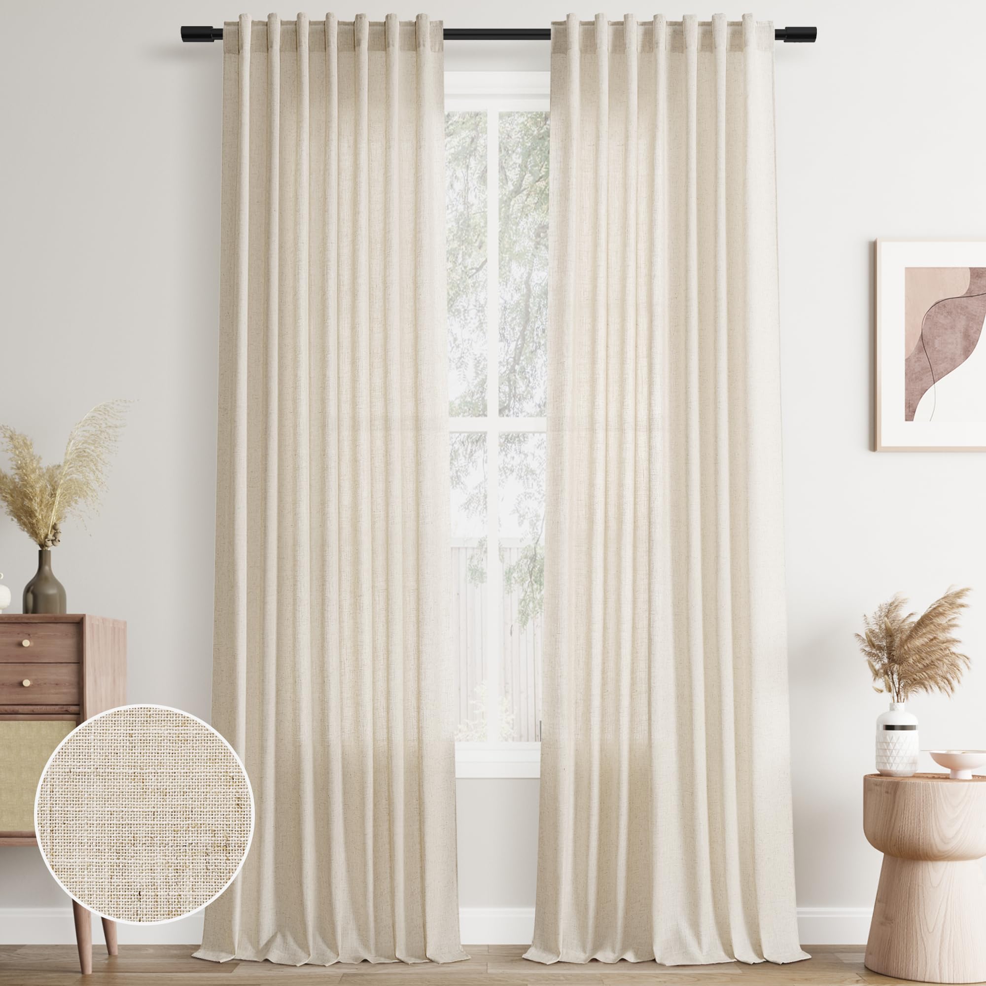 Joywell Beige Linen Back Tab Rod Pocket Linen Curtains 90 Inches Long 2 ...
