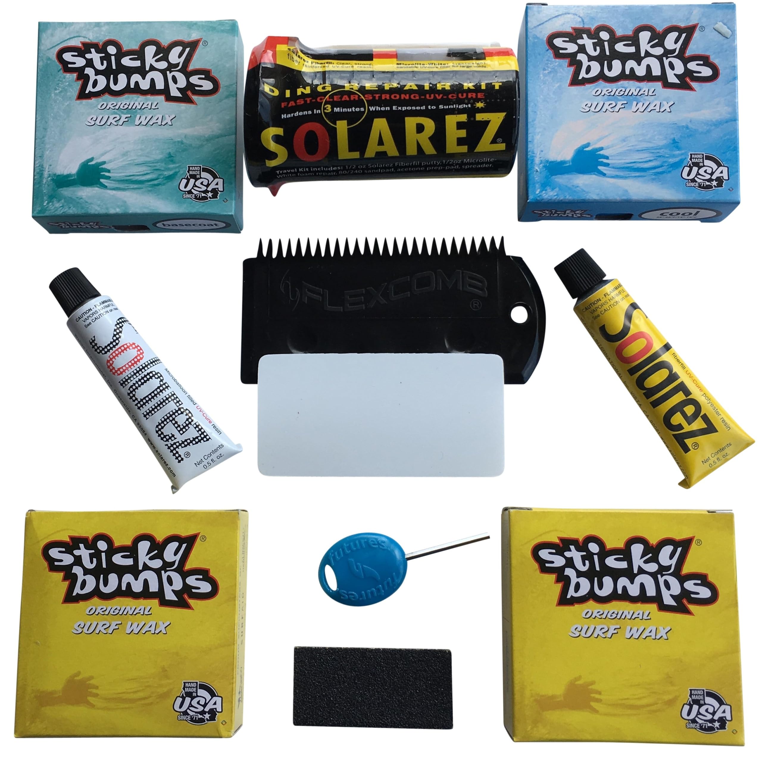 Sticky Bumps Wax plus Solarez UV Cure Resin Ding Repair Kit plus 2 Bars ...