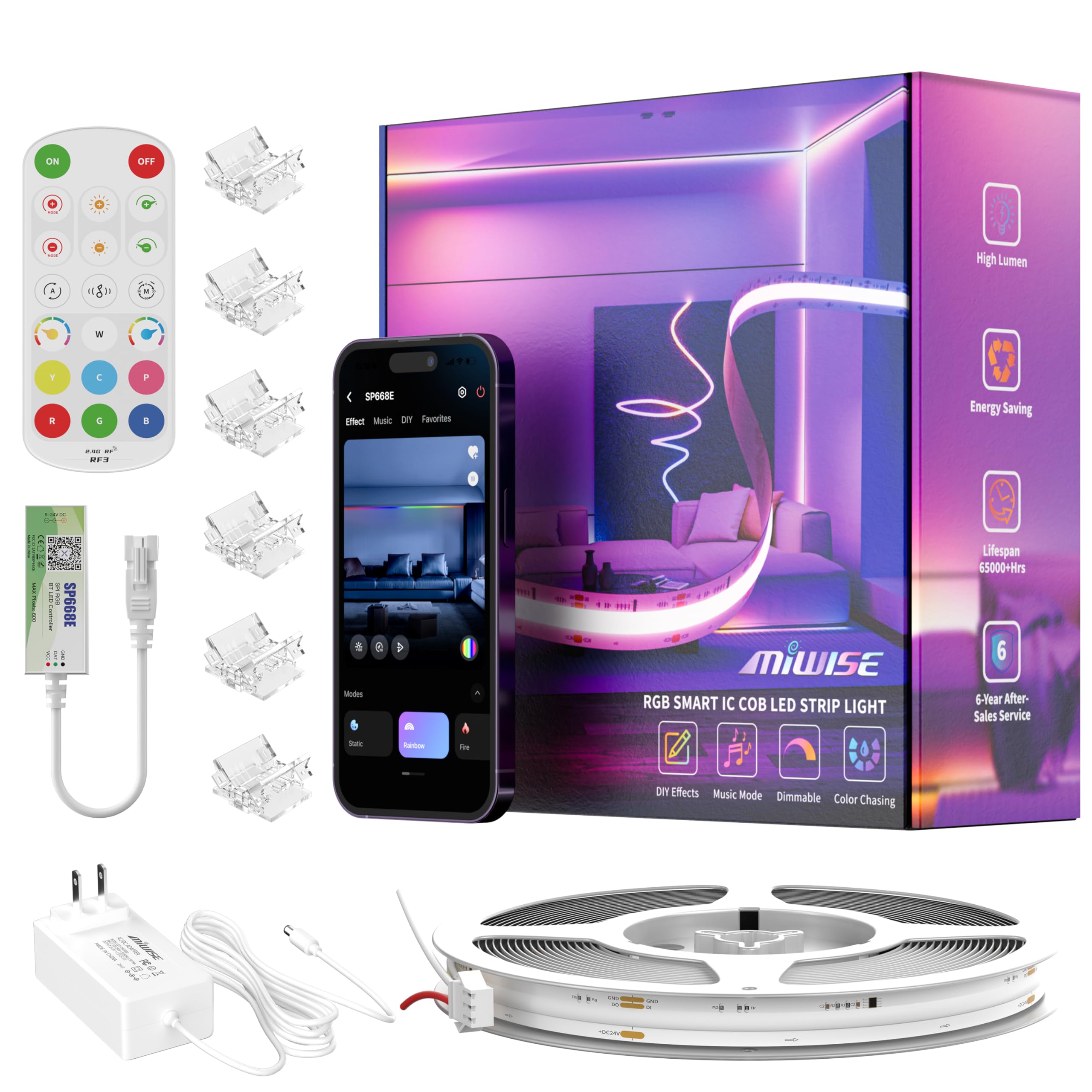 MIWISE COB LED Strip Light,RGB Smart IC COB LED Strip Lights Music Sync ...
