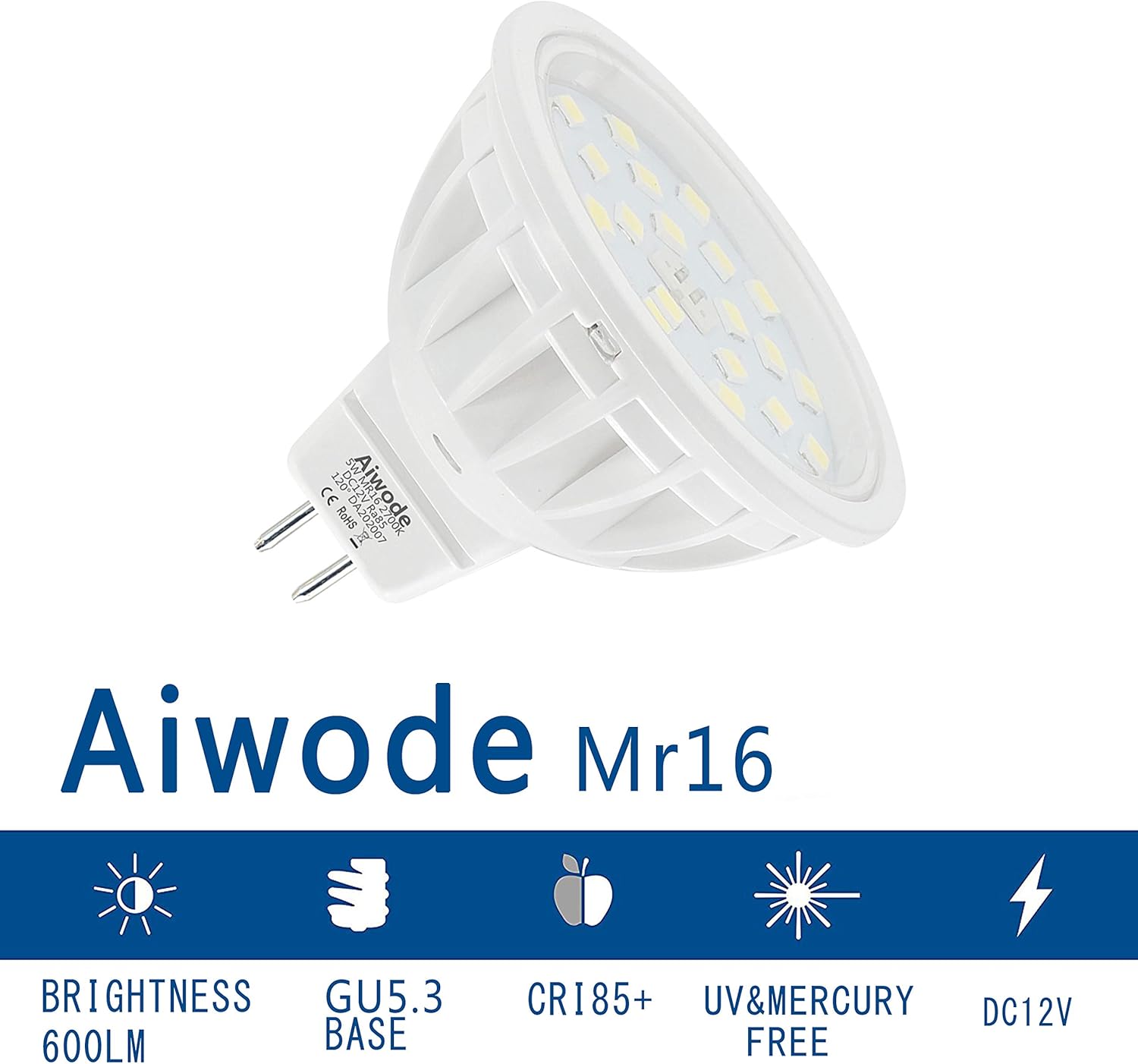 Aiwode MR16 LED Bulbs Gu5.3 Spotlight,5W Warm White 2700K Equivalent 50W Non Dimmable,600LM RA85 ...