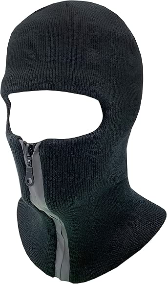 Mens Black Knit Thermal Face Ski Mask (1 Hole, Reflective Zipper Black ...