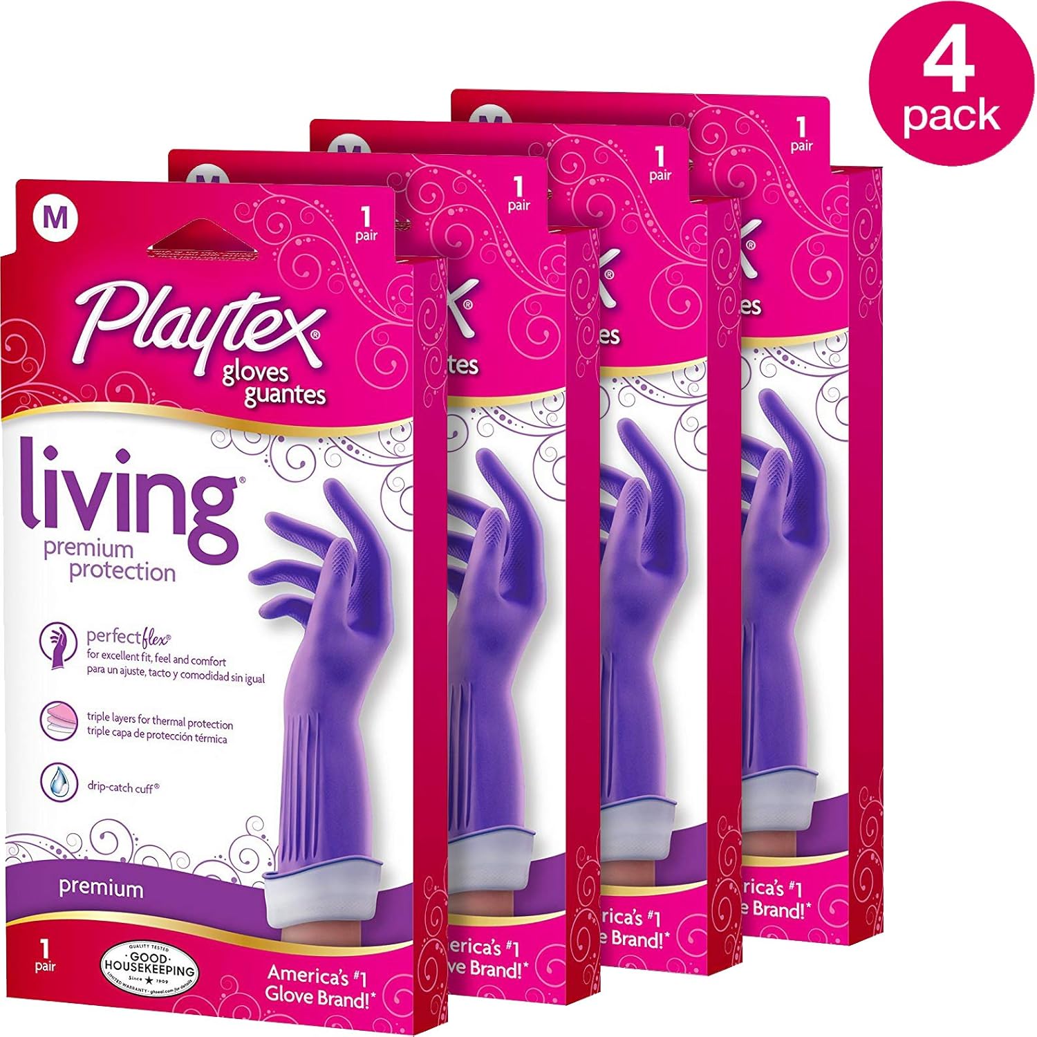 Home Medium, Pack - 4 Playtex Living Reuseable Rubber Cleaning Gloves ...