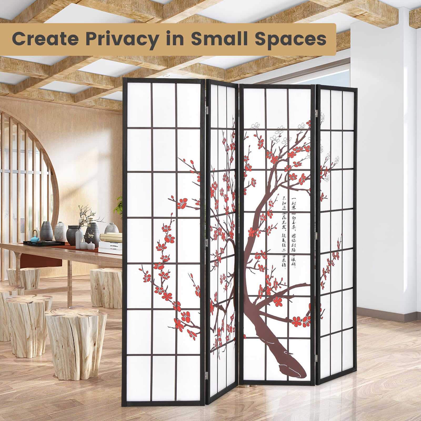 GOFLAME Japanese Style 4 Panel Room Divider, 6ft Folding Shoji Screen ...