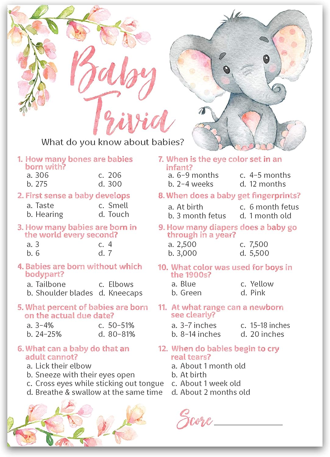 Amazon PINK ELEPHANT Baby Shower Game BABY TRIVIA Game Pack Of