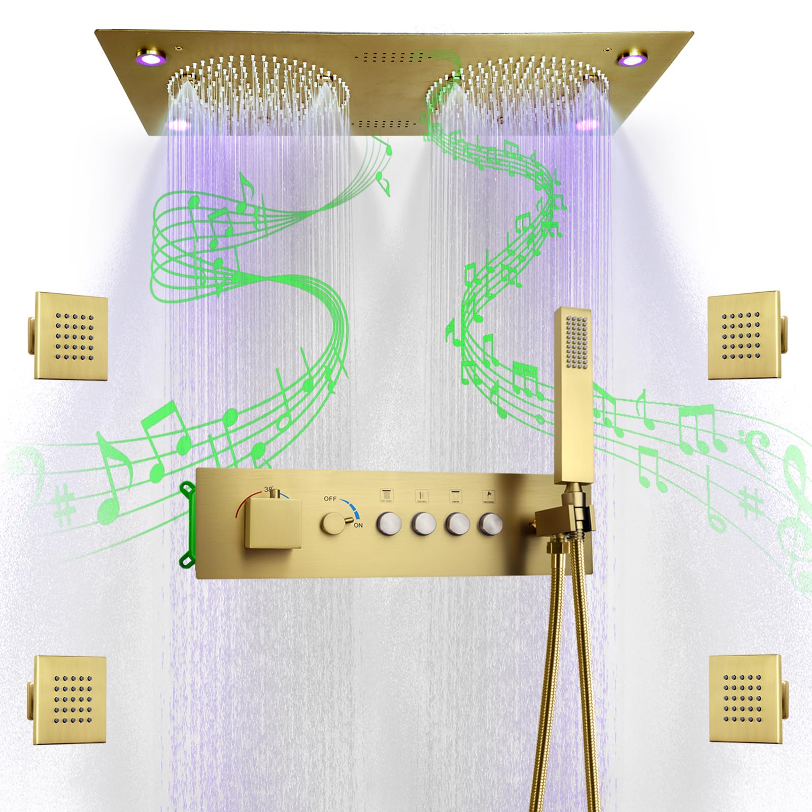 Brushed Gold Thermostatic Rain LED Shower System With Spa Body Jets, 12 ...