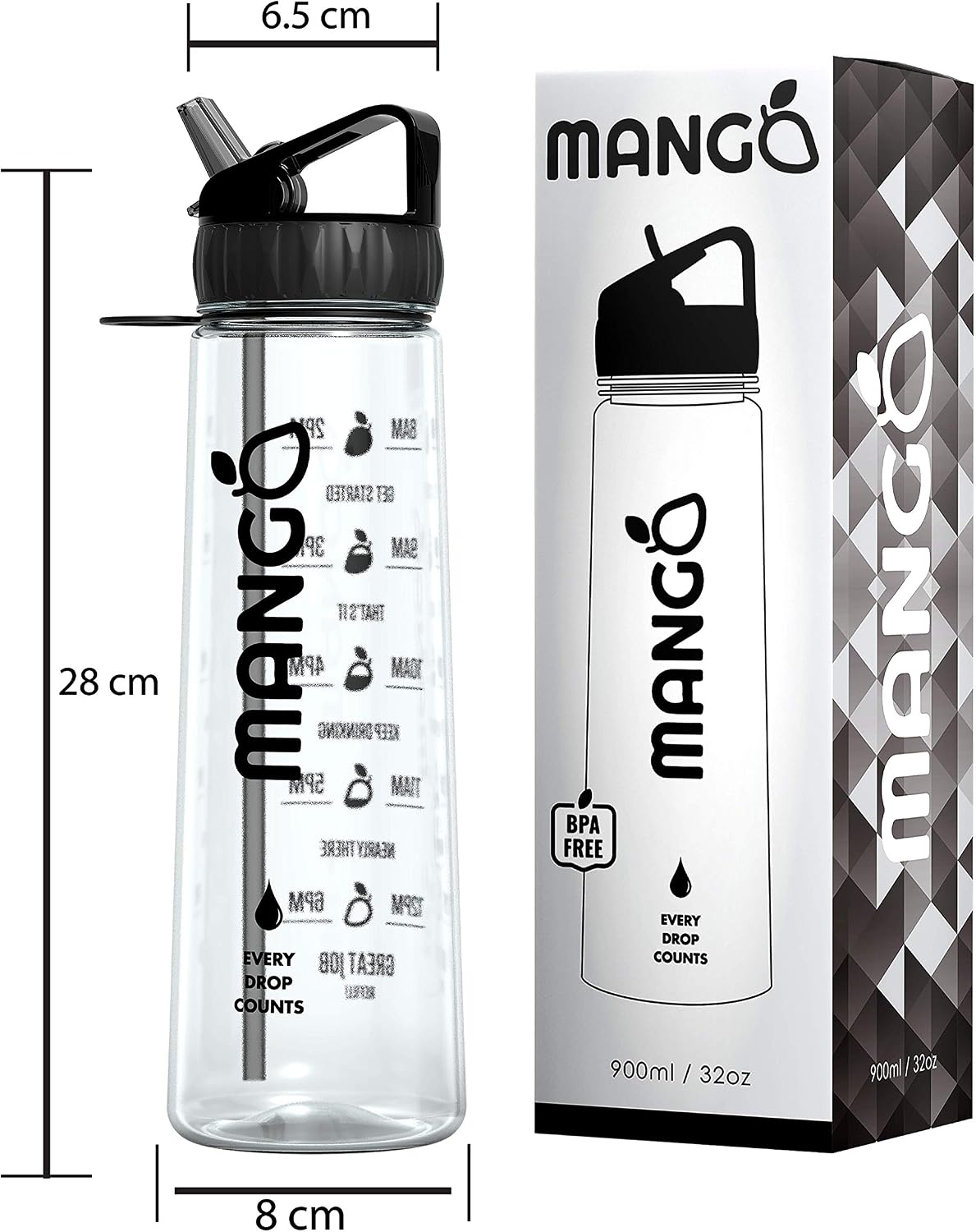 Mango Water Bottle With Straw – 900ml Motivational Time Markings – BPA ...