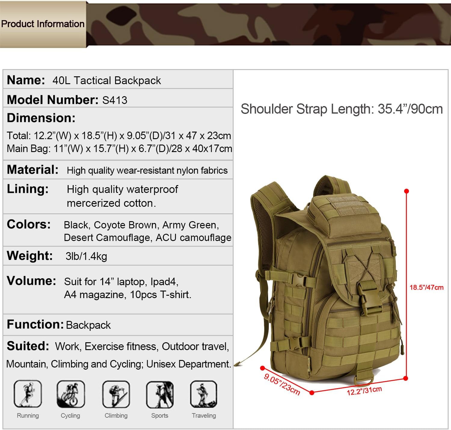 HUNTVP 35L Tactical Military Backpack Large Molle Rucksck Assault Pack ...
