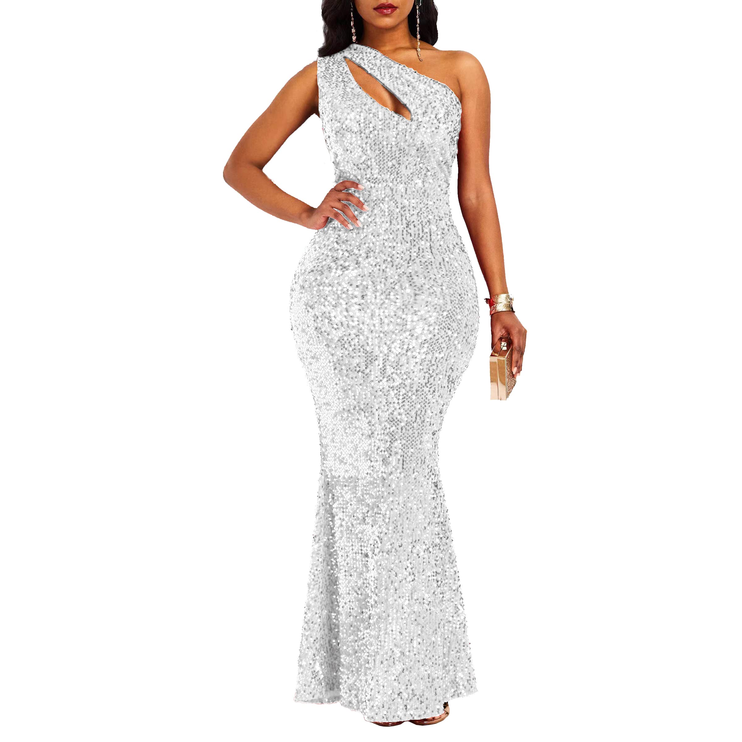 VERWIN Sequins Fashion Sleeveless Oblique Collar Mermaid Women's Maxi ...