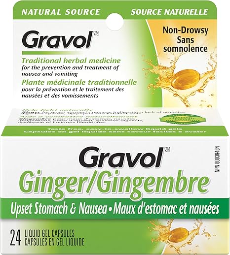Gravol Ginger Liquid Gel Capsules for Upset Stomach and Nausea, 24 ...