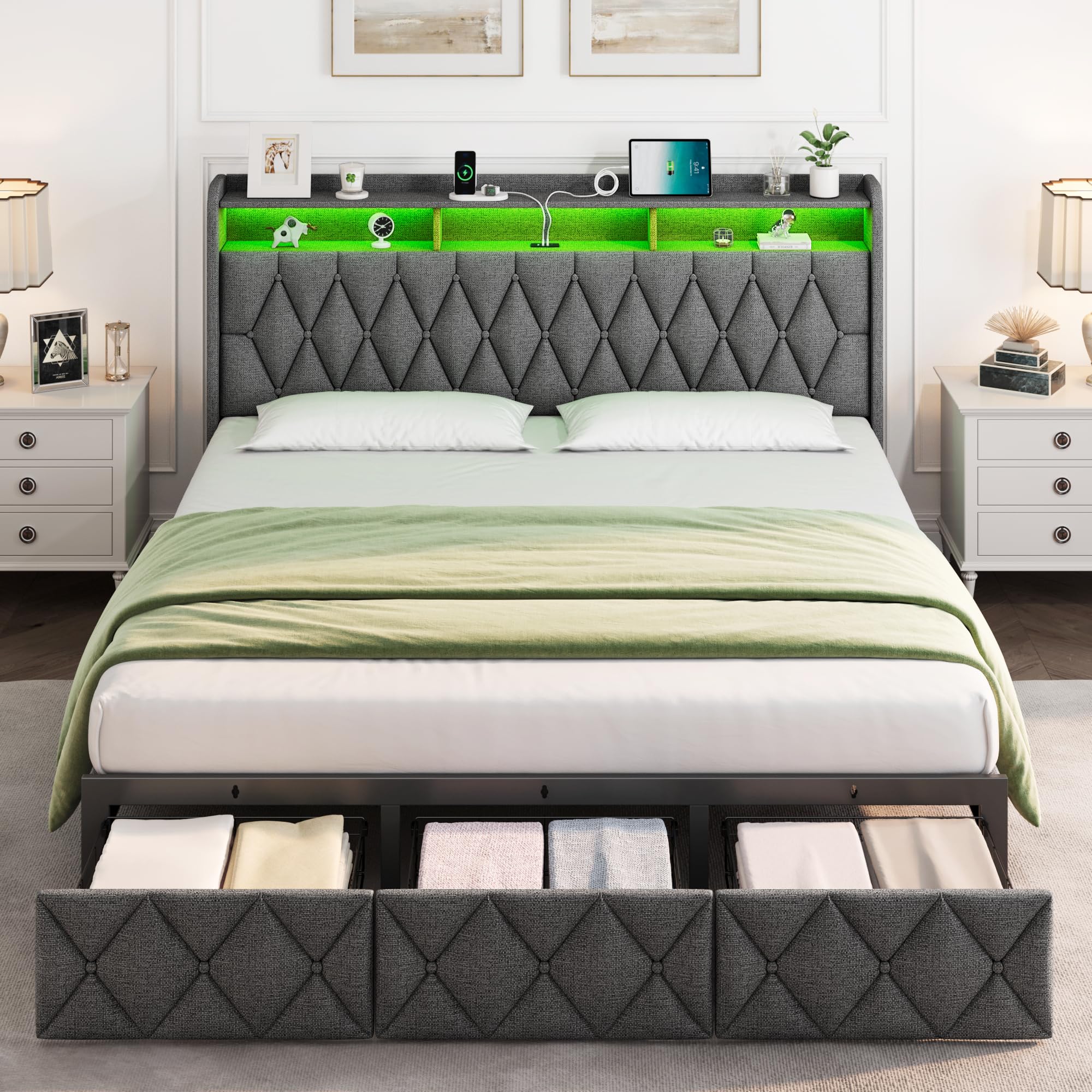 Mua King Size Bed Frame with 3 Storage Drawers, Upholstered King Bed ...