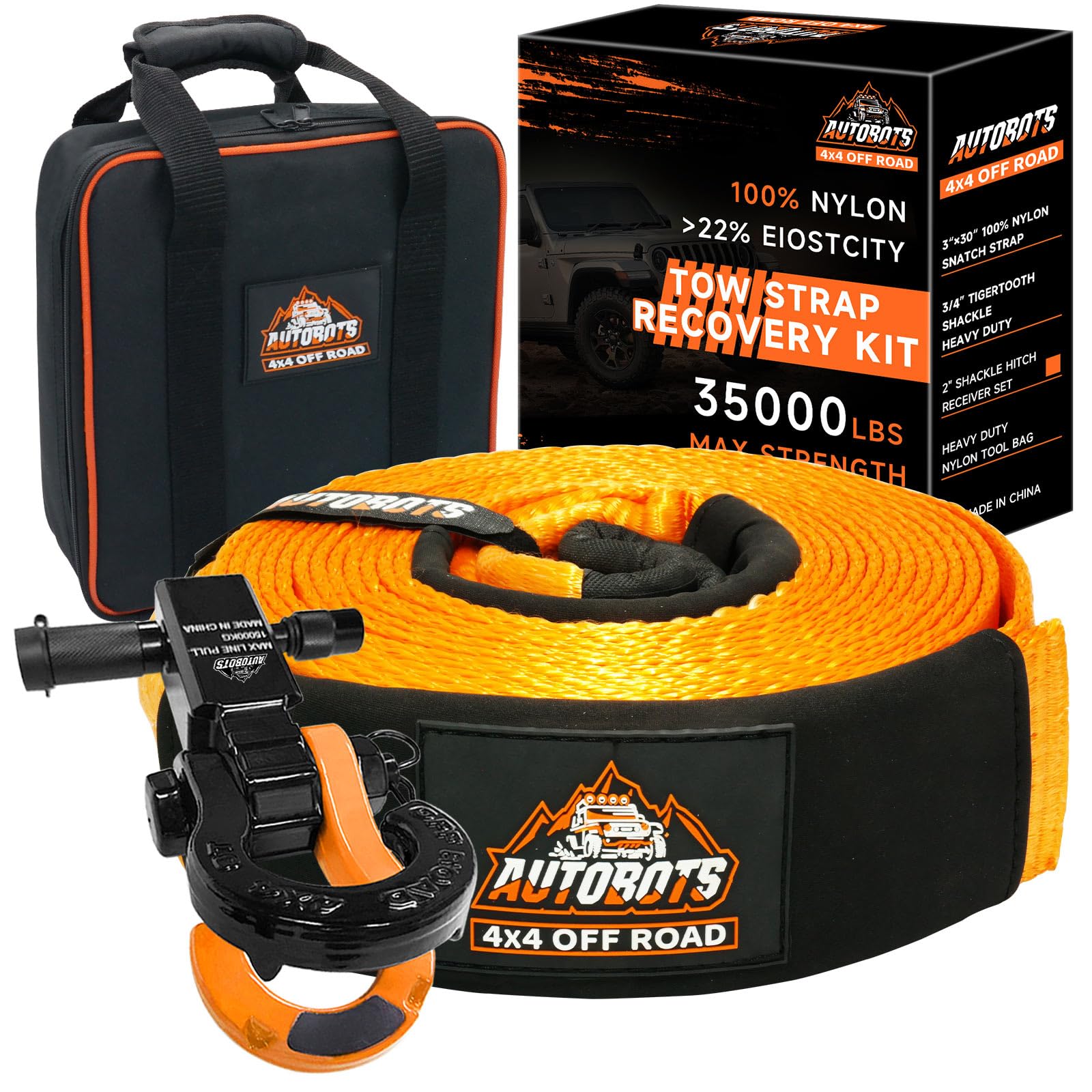 AUTOBOTS Tow Strap Heavy Duty 3" x 30 ft (35,000 lbs) with Shackle ...
