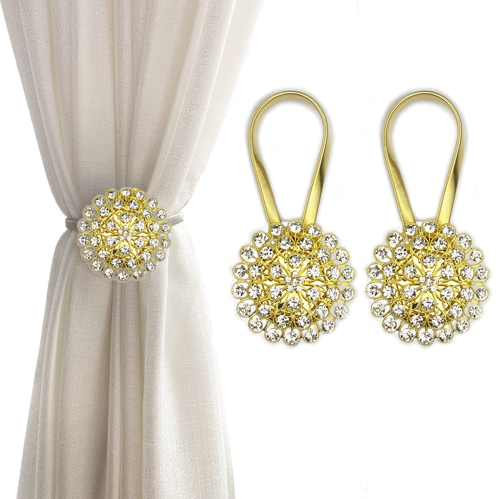 Magnetic Tiebacks for Curtains, 2 Pack Sparkling Crystal Flower Curtain ...