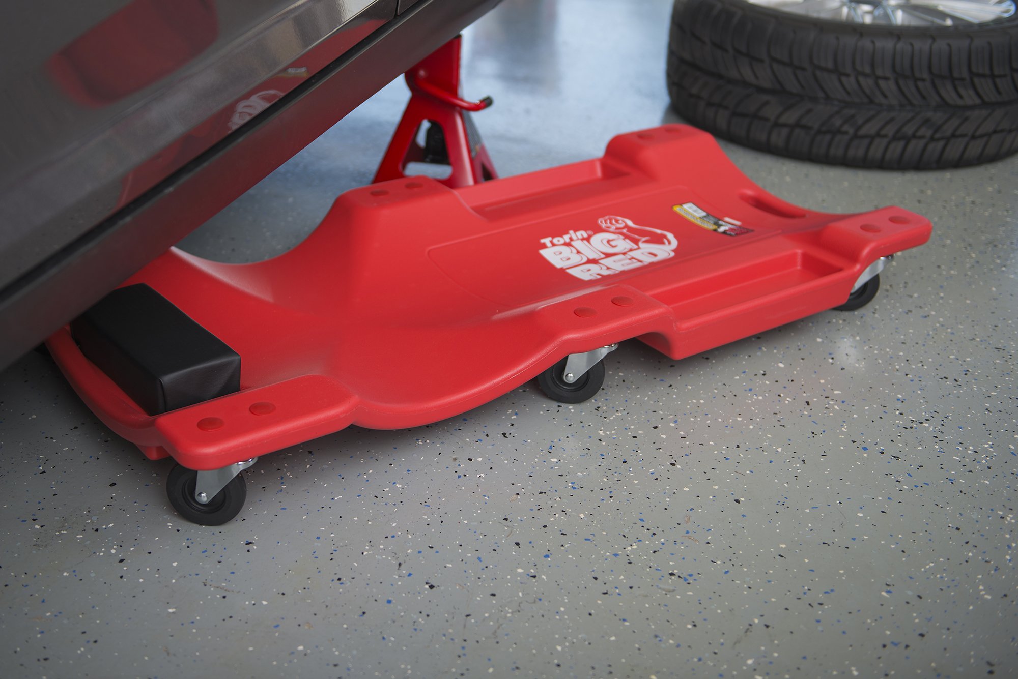Torin Big Red Rolling Garage/Shop Creeper: 40" Plastic Mechanic Cart with Padded Headrest, Red
