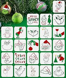 24PCS Small Grinch Stencils for Painting,5x5Inch Reusable Christmas ...
