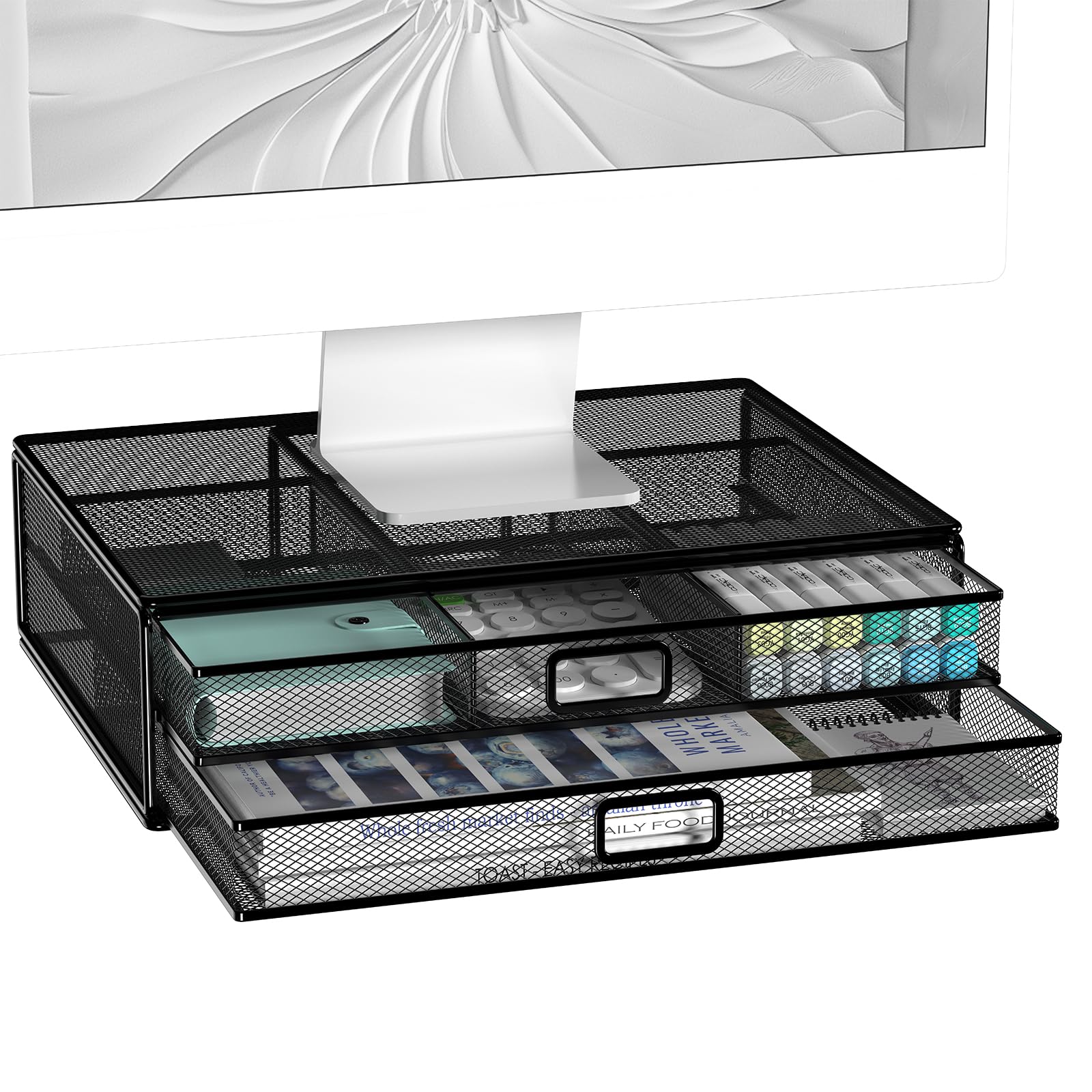 MINDEPOT Computer Monitor Stands with Drawers, Metal Mesh Desktop ...