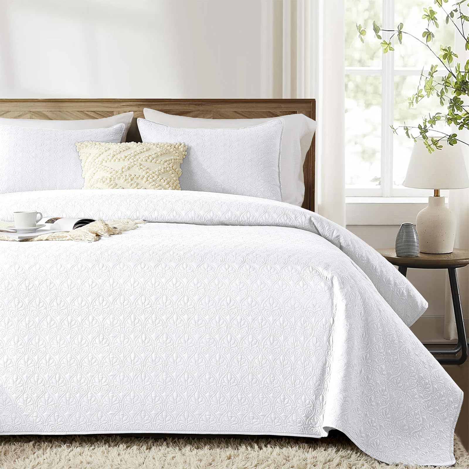 inron Quilt Set King Size, White Cal King Quilted Bedspread, Floral ...