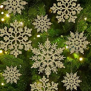 Amazon.com: 36pcs Gold Snowflake Ornaments Plastic Glitter Snow Flakes ...